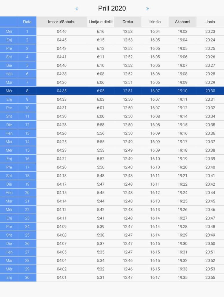Kalendari i namazit - Kalendari i faljeve për të gjithë botën